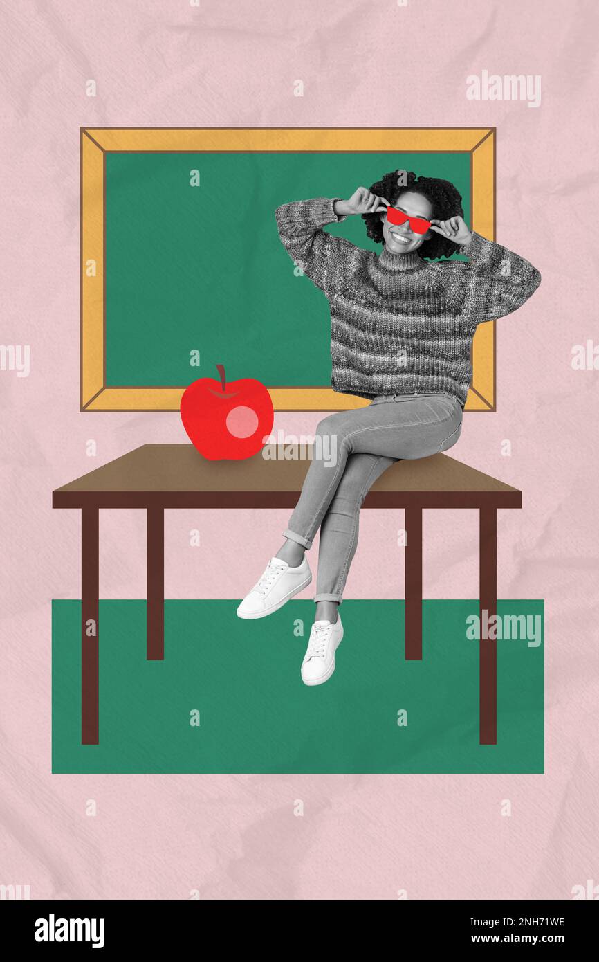 Vertical collage of optimistic charming pretty young girl sitting desk ...