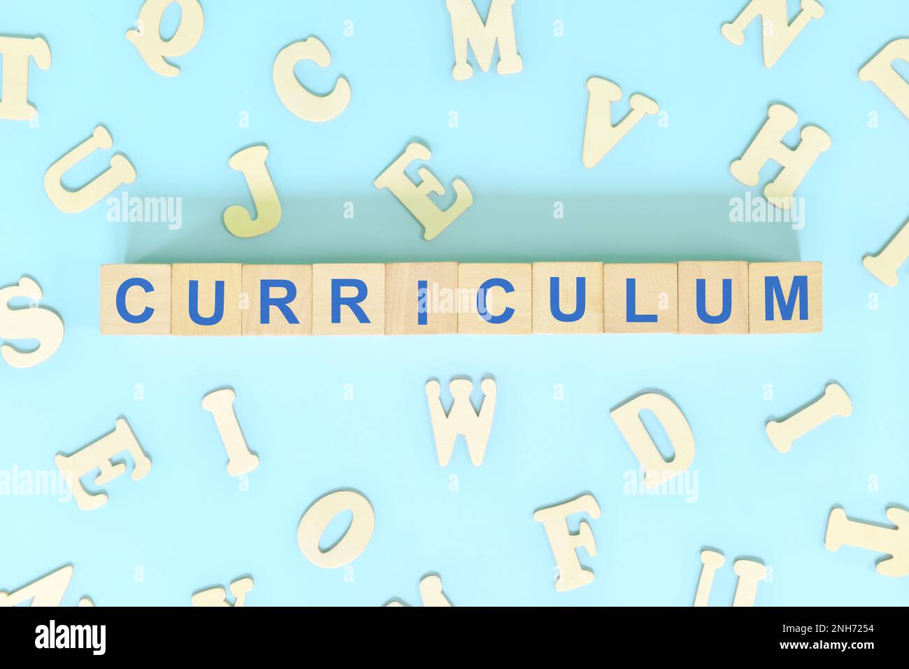 Curriculum education concept. Wooden blocks word typography flat lay in ...
