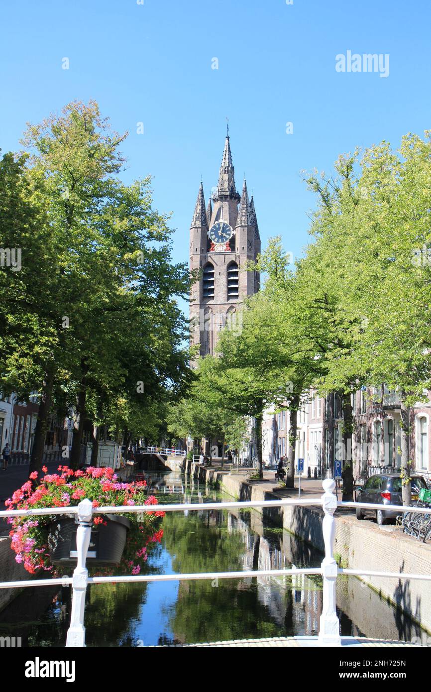 The old church tower in the old town of Delft, Netherlands Stock Photo ...