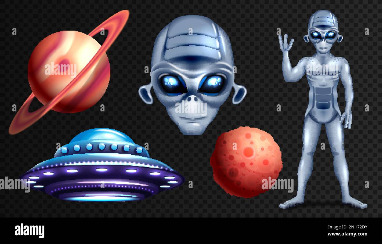 Alien ufo set on transparent background realistic isolated vector ...
