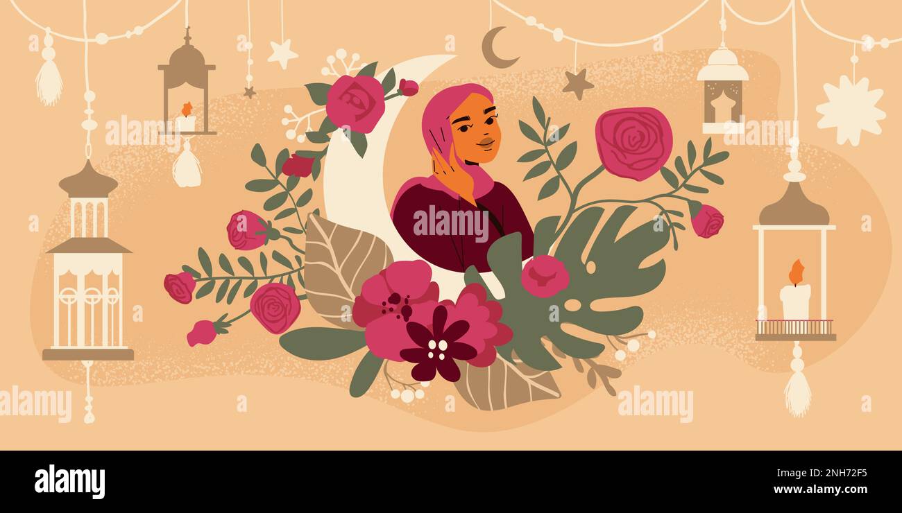 Islamic boho image with muslim woman and traditional symbols flat ...
