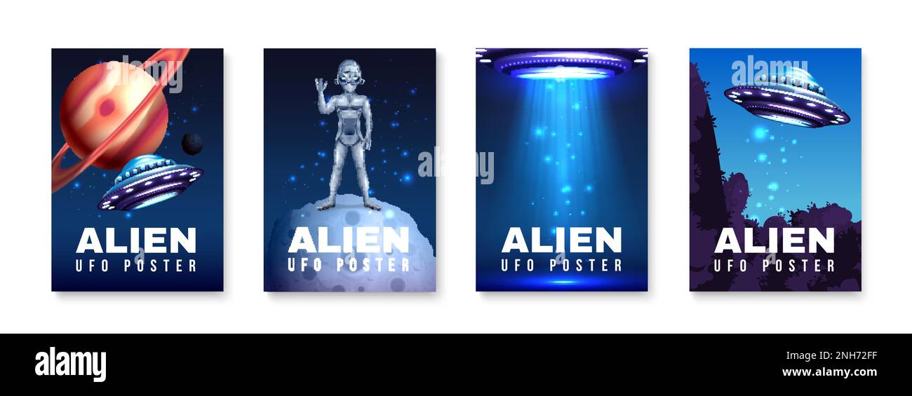 Alien ufo poster set with outer space symbols realistic isolated vector ...