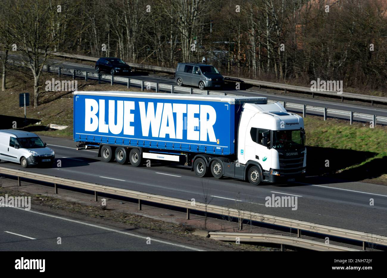 Blue Water Shipping lorry on the M40 motorway, Warwickshire, England ...