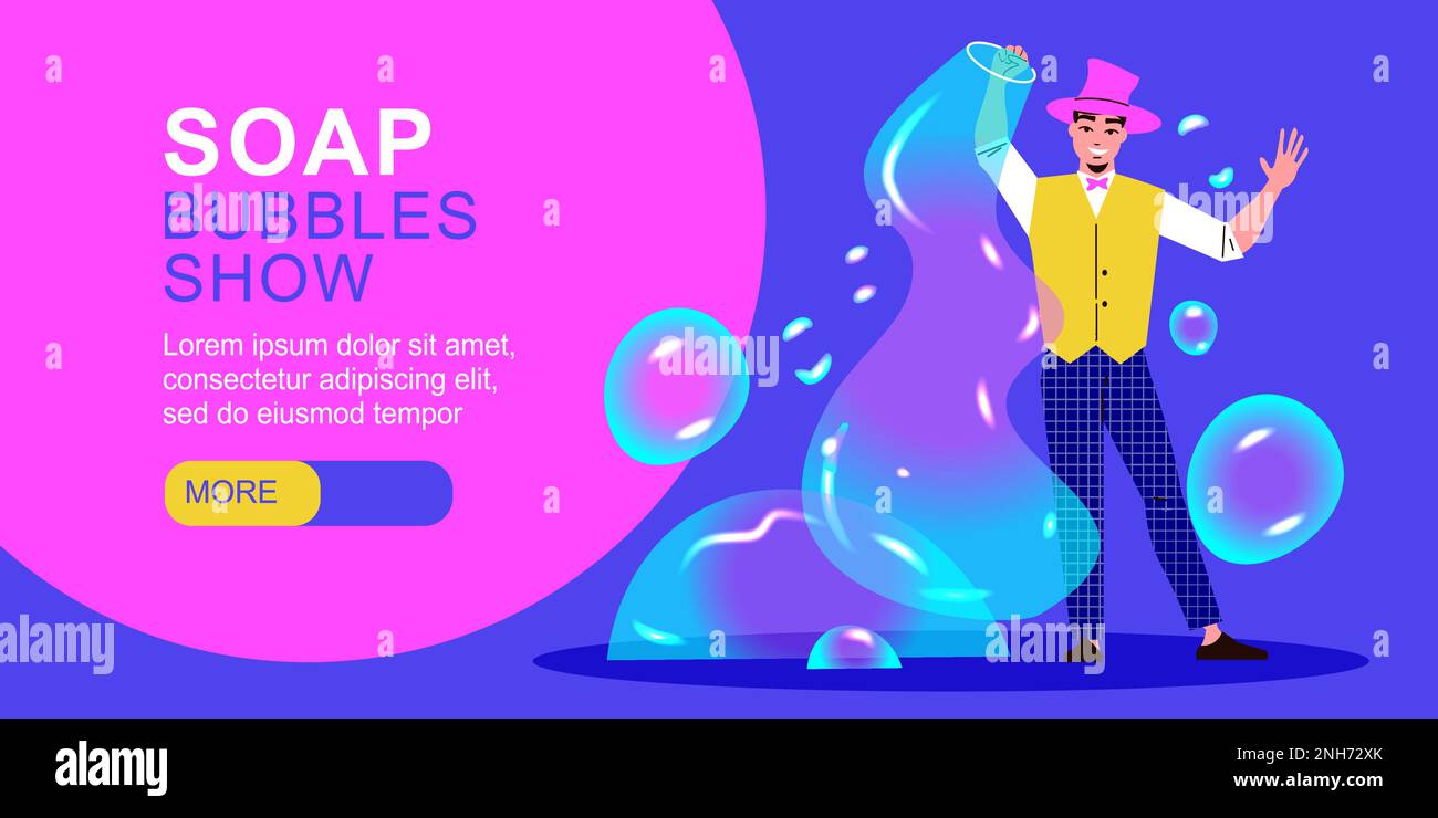 Soap show horizontal banner with artist making colorful bubbles flat ...