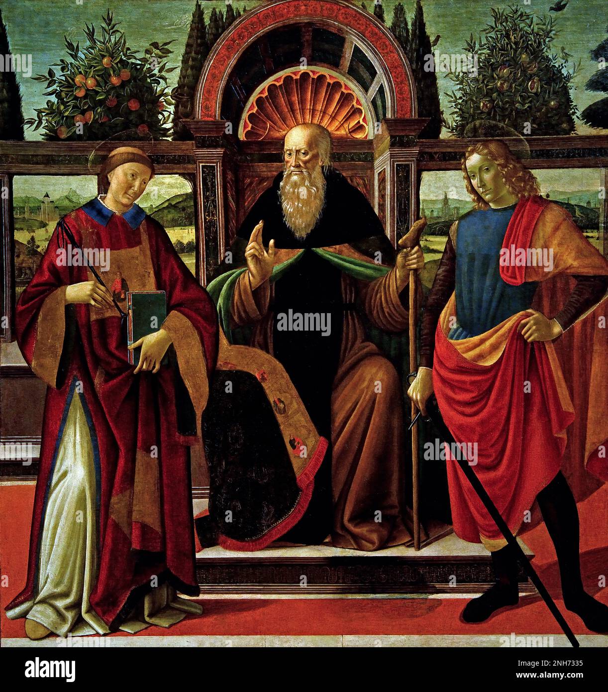 St Anthony Abbot on the throne surrounded by Saints Leonardo and ...