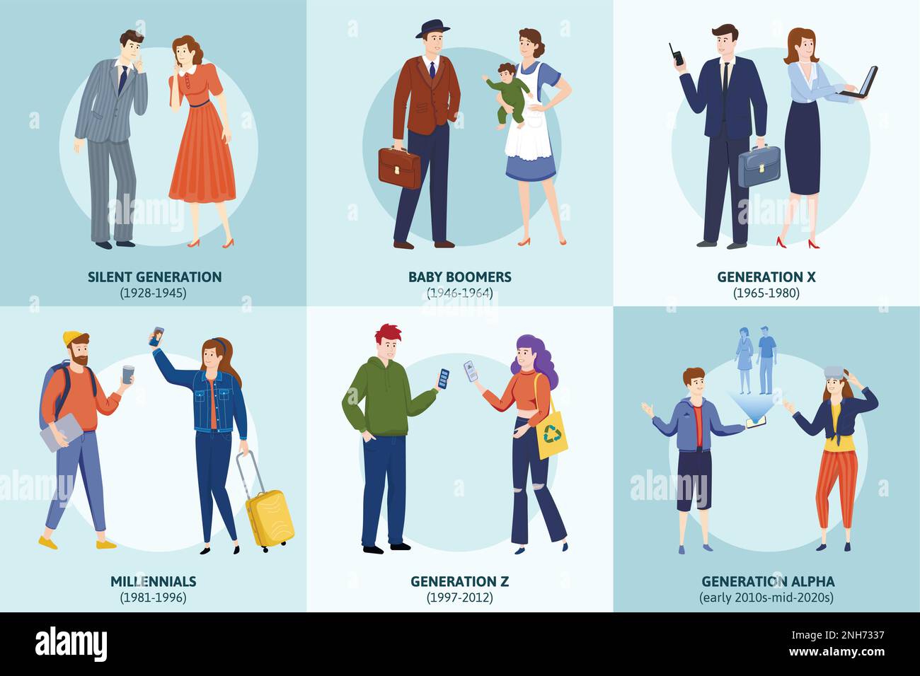 Generations theory flat set of six square compositions with text ...