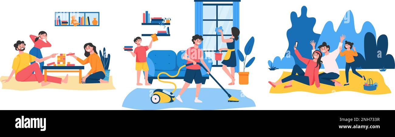 Family routine design concept with views of family members performing ...