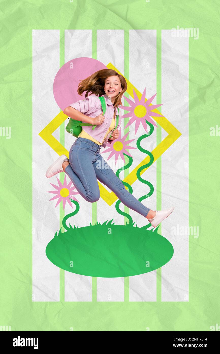 Vertical collage picture of excited positive girl jumping carry bag ...