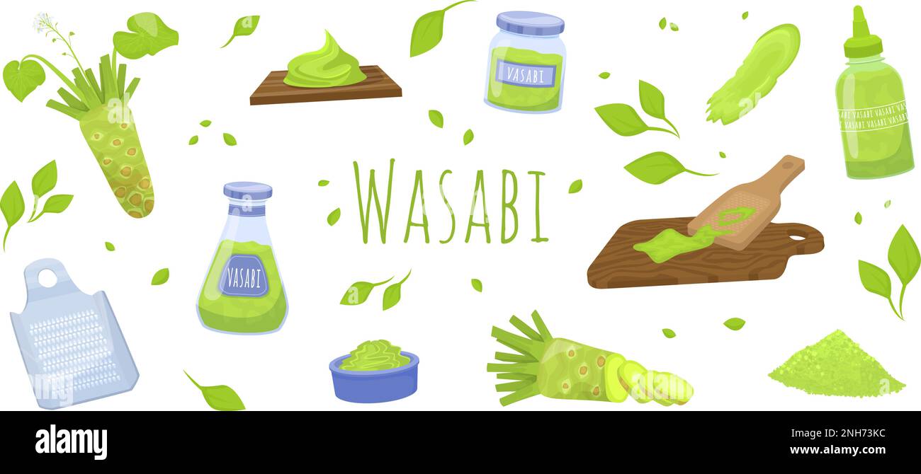 Wasabi sauce flat composition with isolated text surrounded by green ...