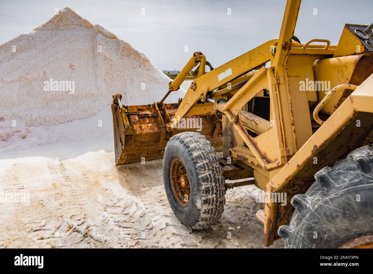 Bulldozers working on piles of salt, salt pans of Trapani Stock Photo ...