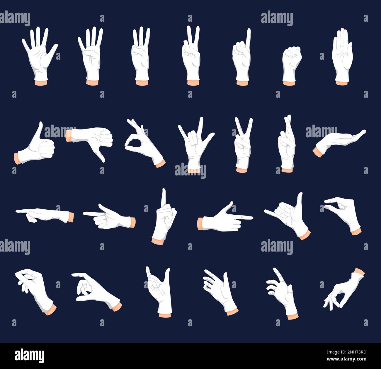 Human hands gestures flat set with isolated icons of white palm hands raising fingers showing ...