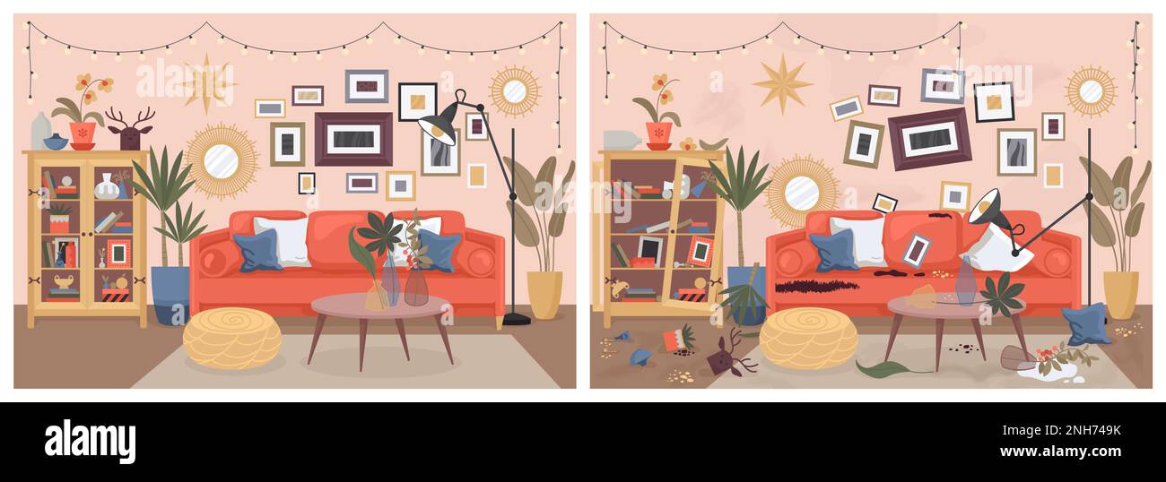 Dirty and clean living room interior set of two compositions with views ...