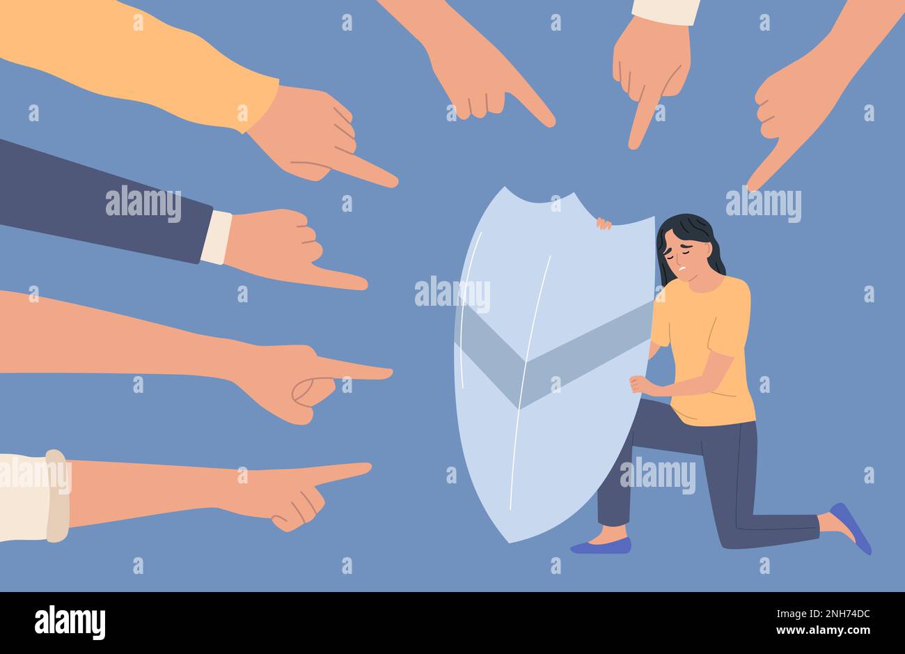 People fighting bulling concept with woman hiding behind the shield ... People fighting bulling concept with woman hiding behind the shield ...