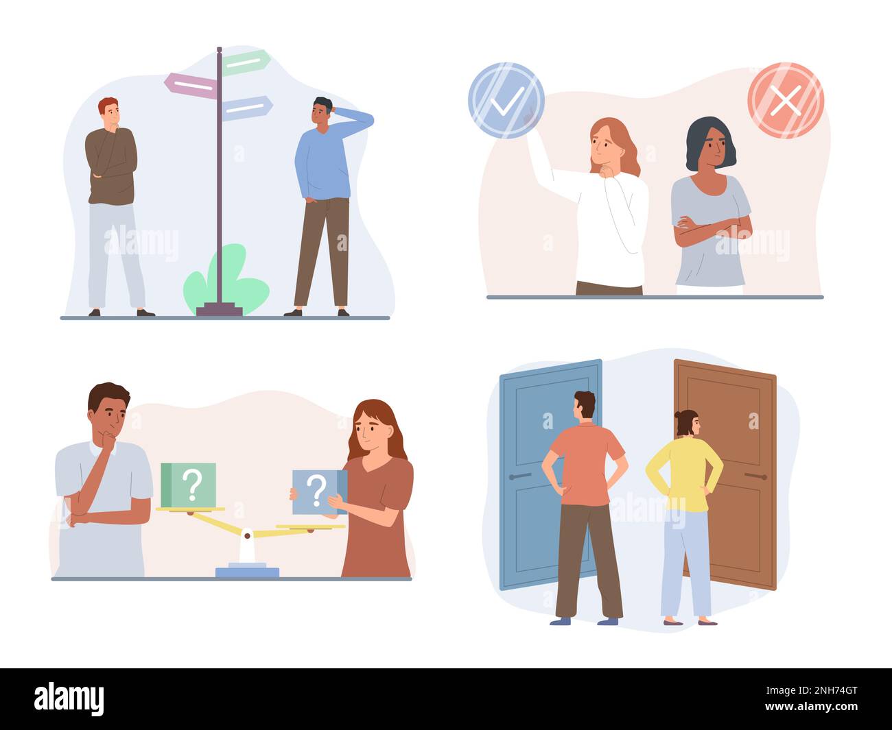 Decision making concept set with people choosing right path or answer ...