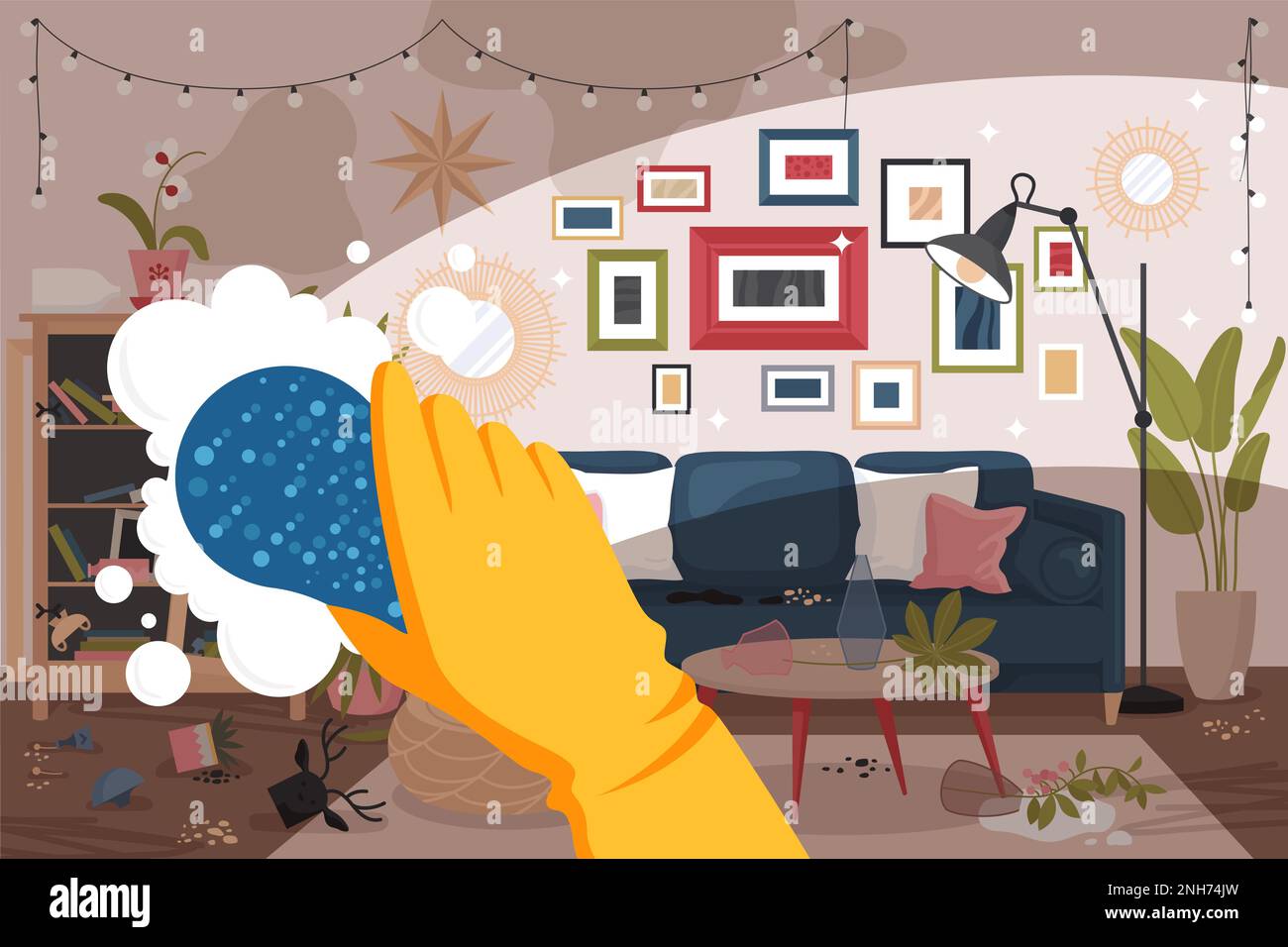 Living room interior composition with human hand wearing rubber glove ...