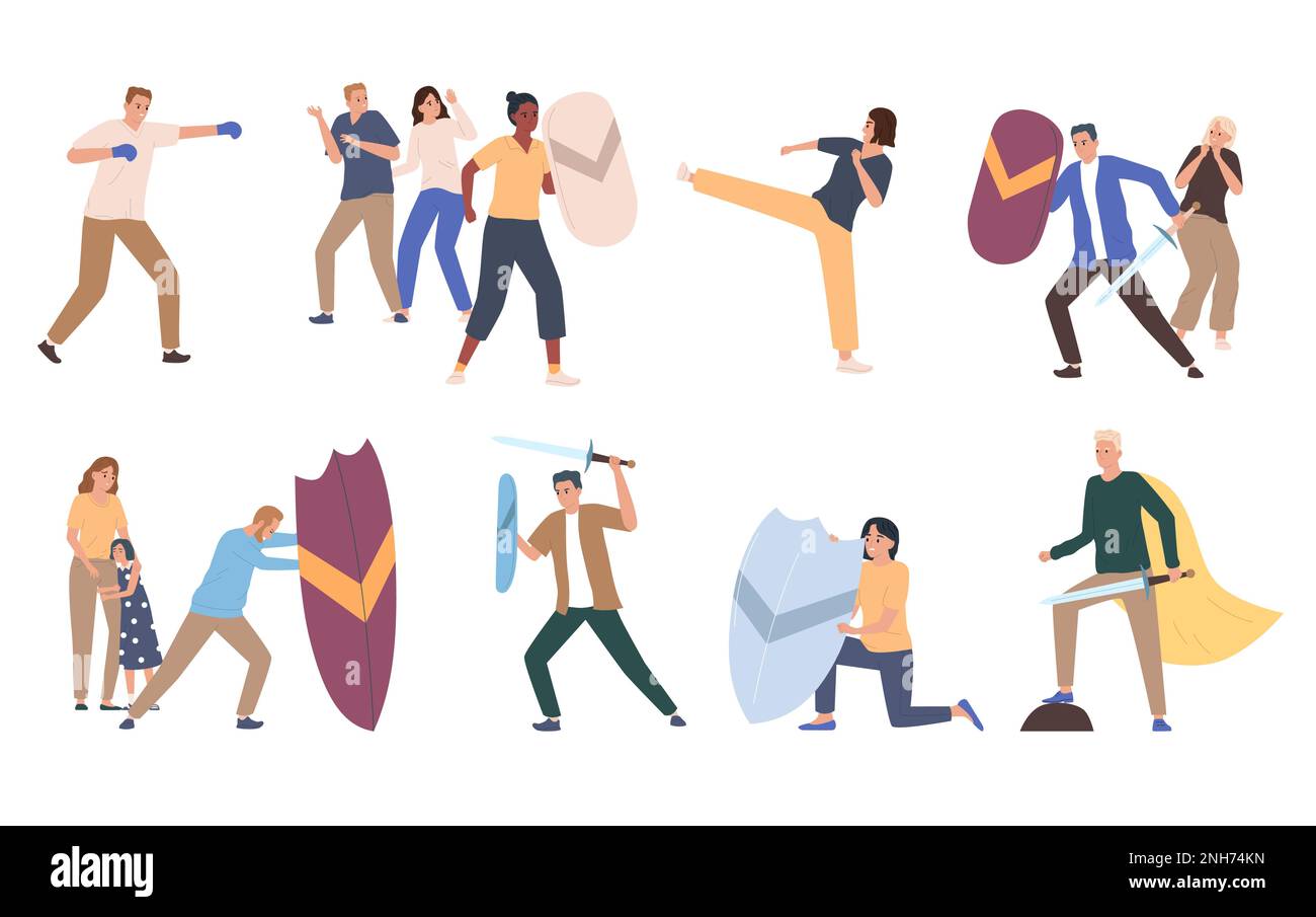 People fighting and protecting others with shields flat icons set ...