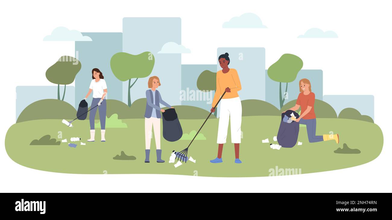 People picking and sorting garbage in public park flat vector illustration Stock Vector Image ...