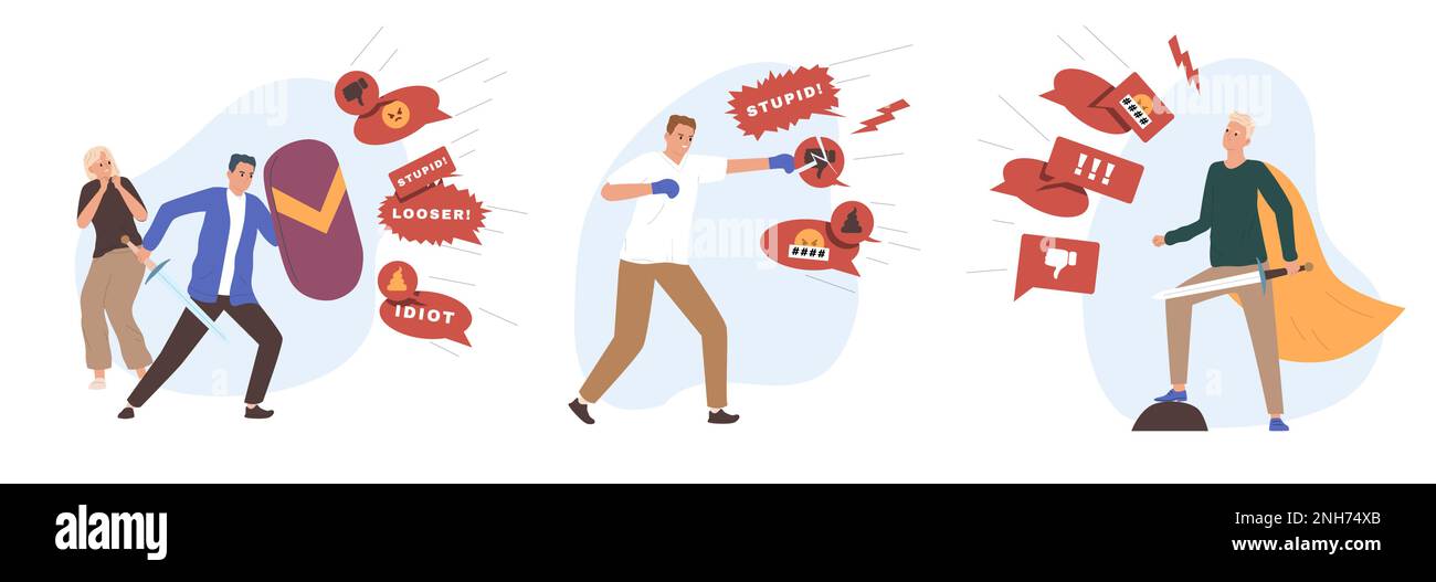 People fighting against bulling agression flat scenes set isolated ...