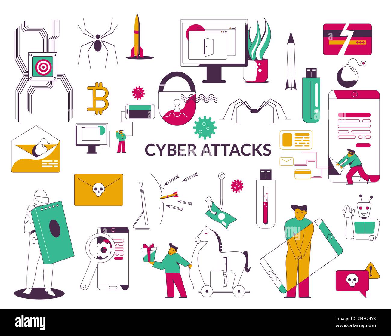 Cyber attacks color set of flat icons in thin lines style isolated vector illustration Stock ...