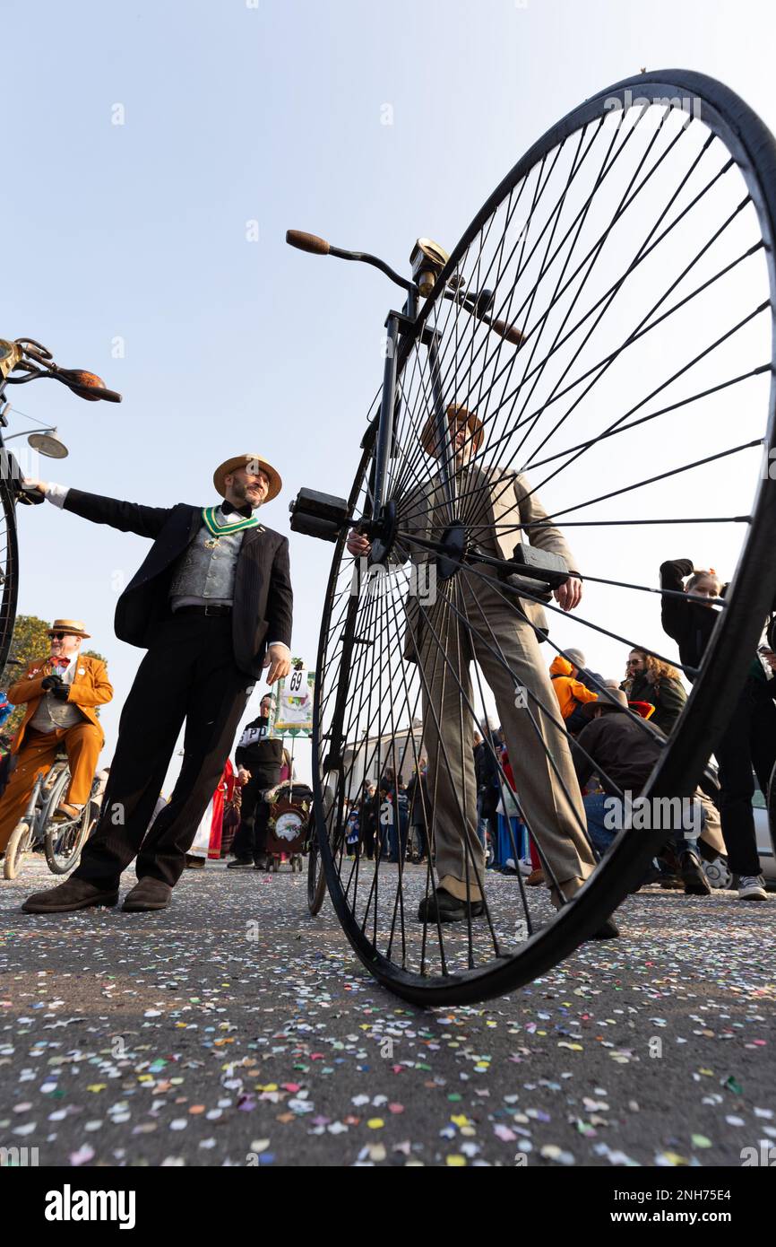 Retro Bicycle Ride: Man on a High Wheel Bike Takes to the Streets at ...
