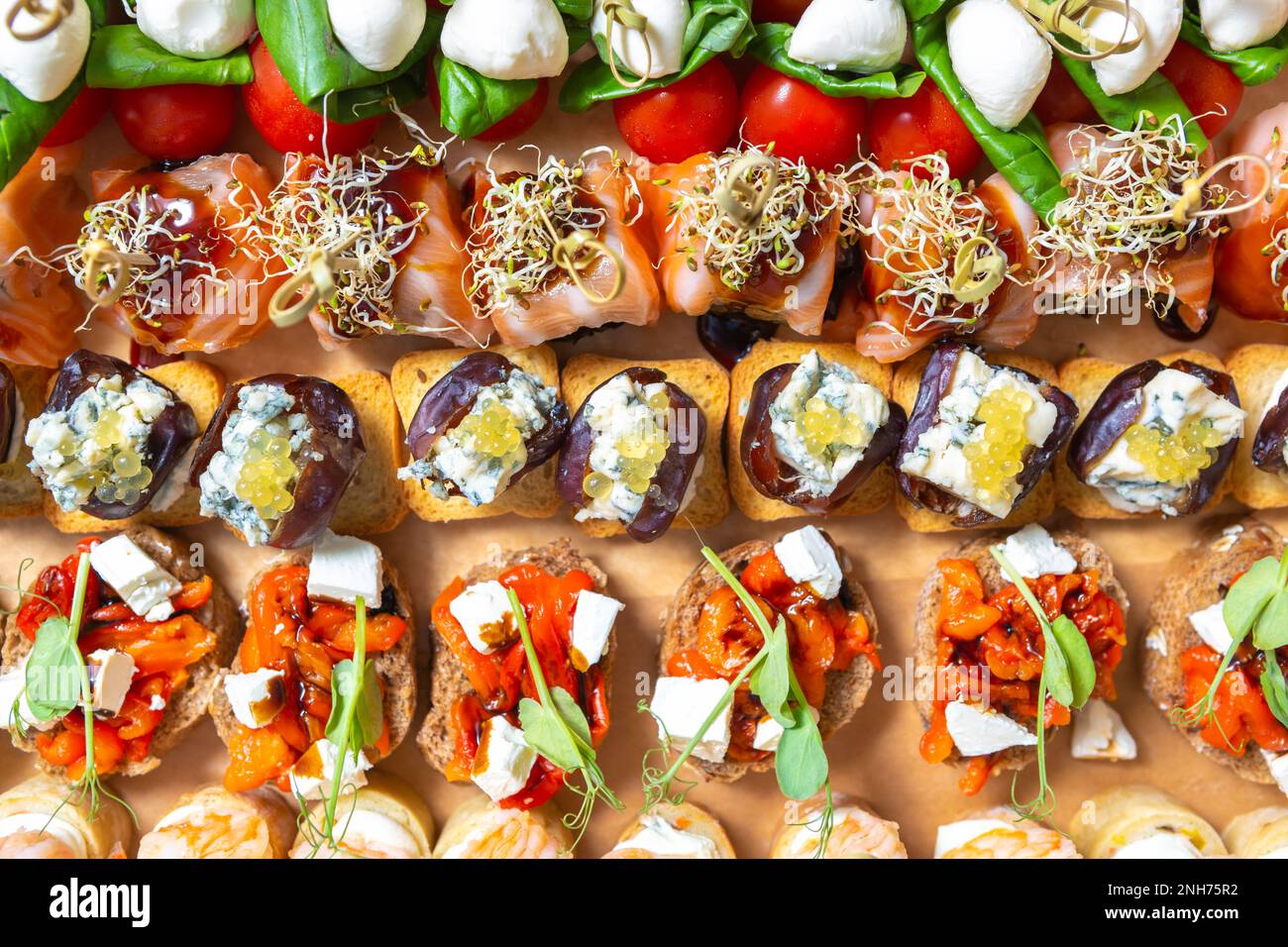 Flat lay photo of group of gourmet snacks delivered for food catering ...