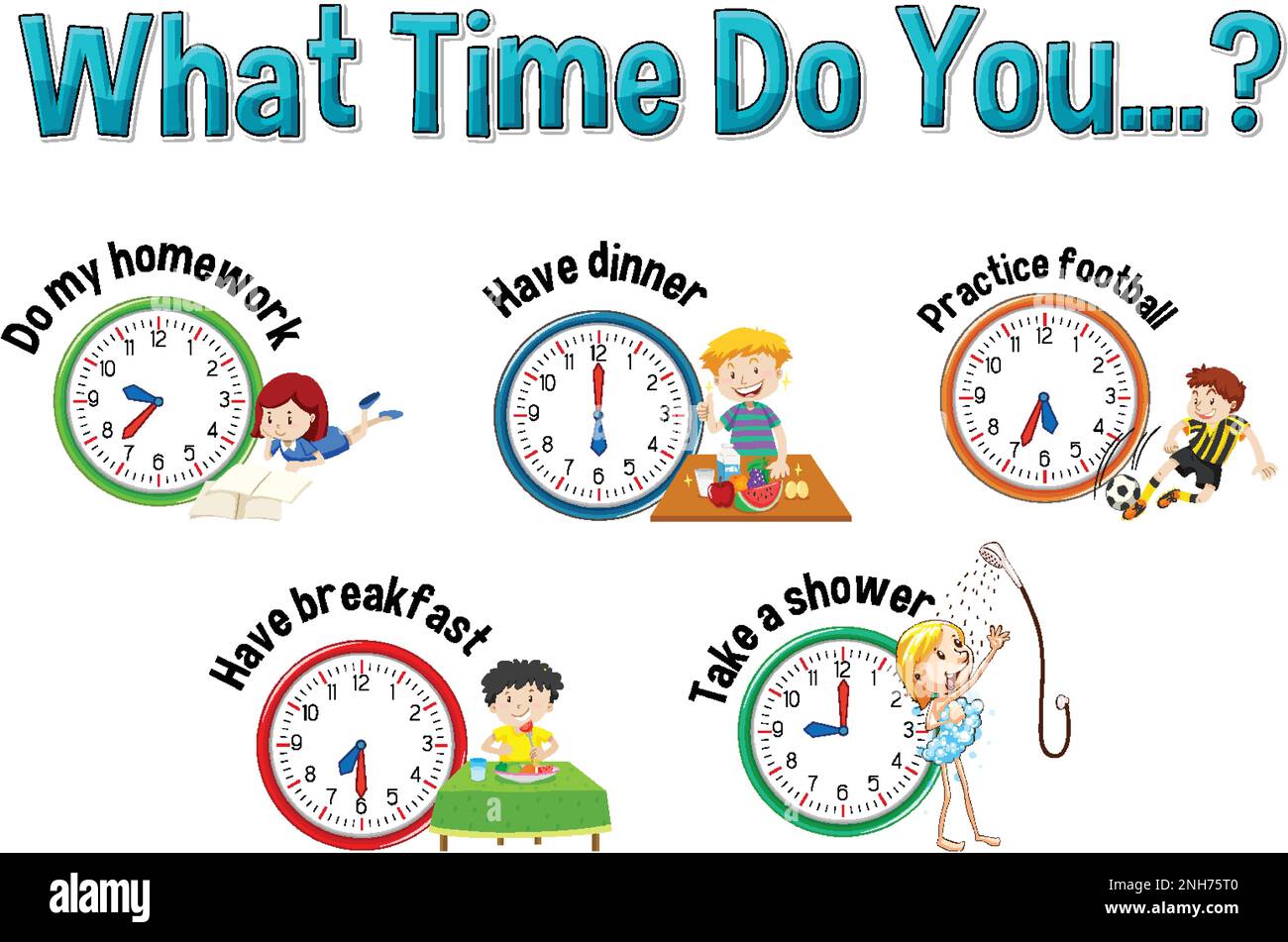 Daily routine with time and cartoon characters illustration Stock ...