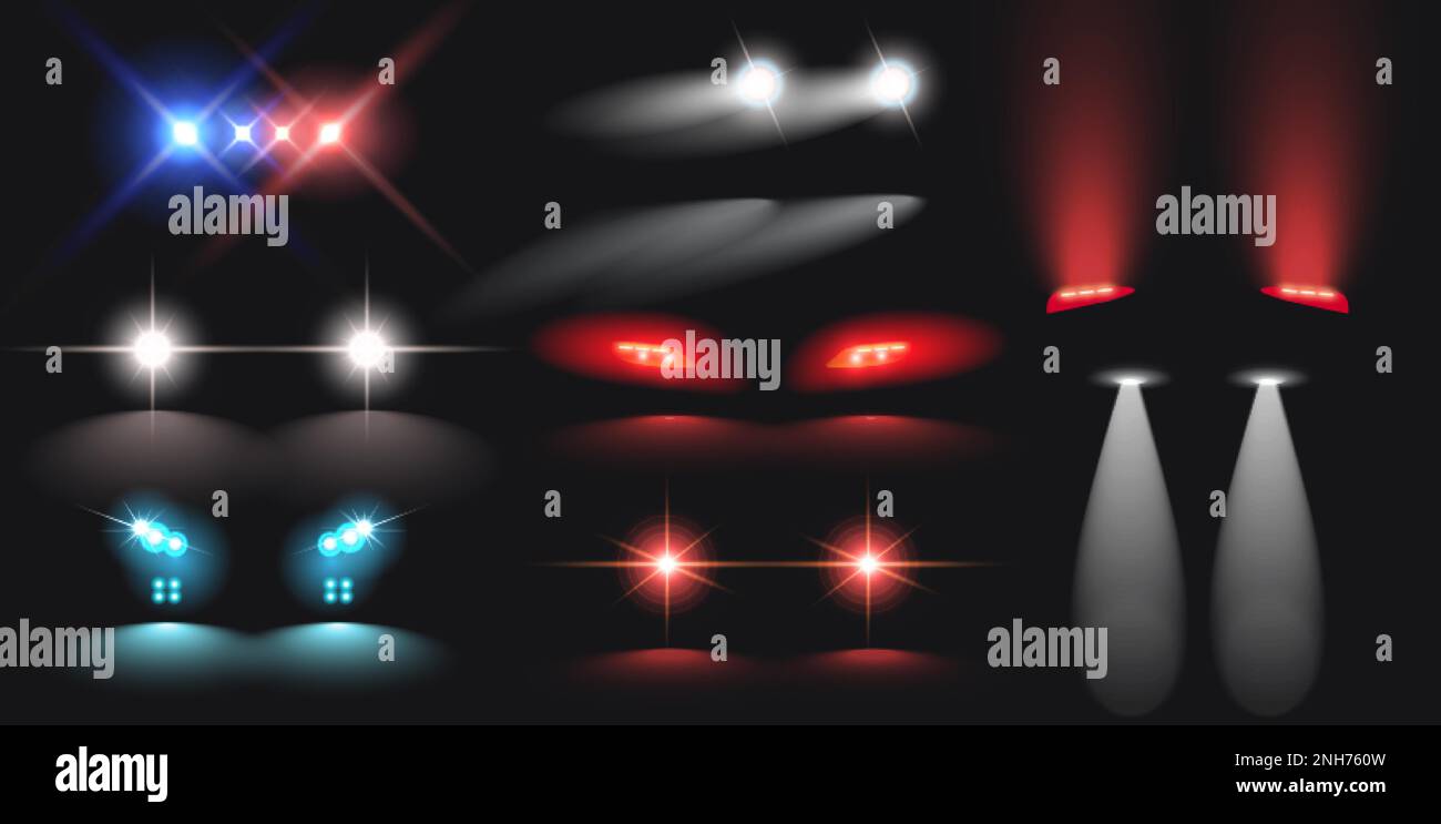 Car lights glowing in darkness realistic set isolated against black ...