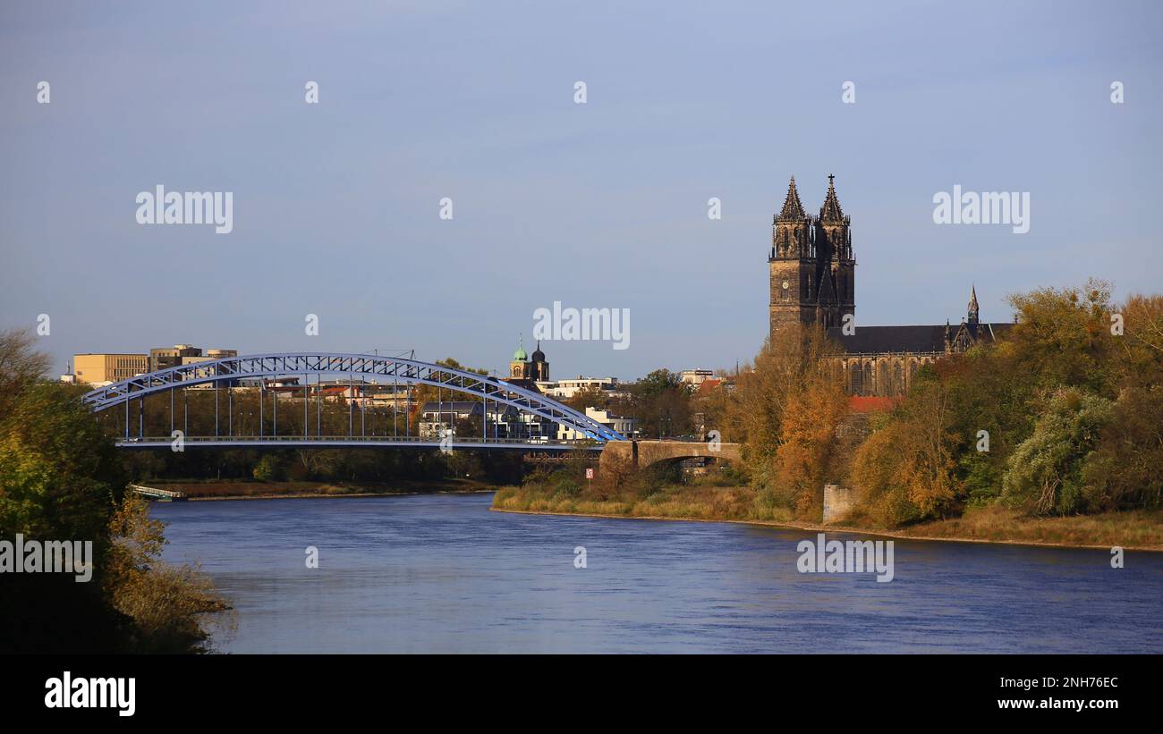 View on Elbe river in Magdeburg, the Sternbrucke and the Cathedral of ...
