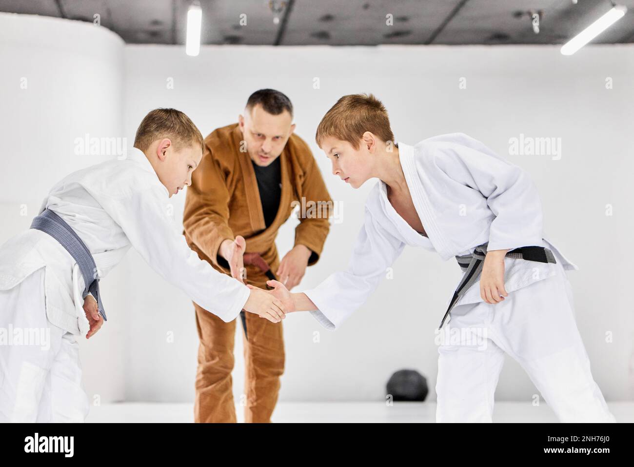 Greeting before fight session. Boys, children shaking hands, ready to ...