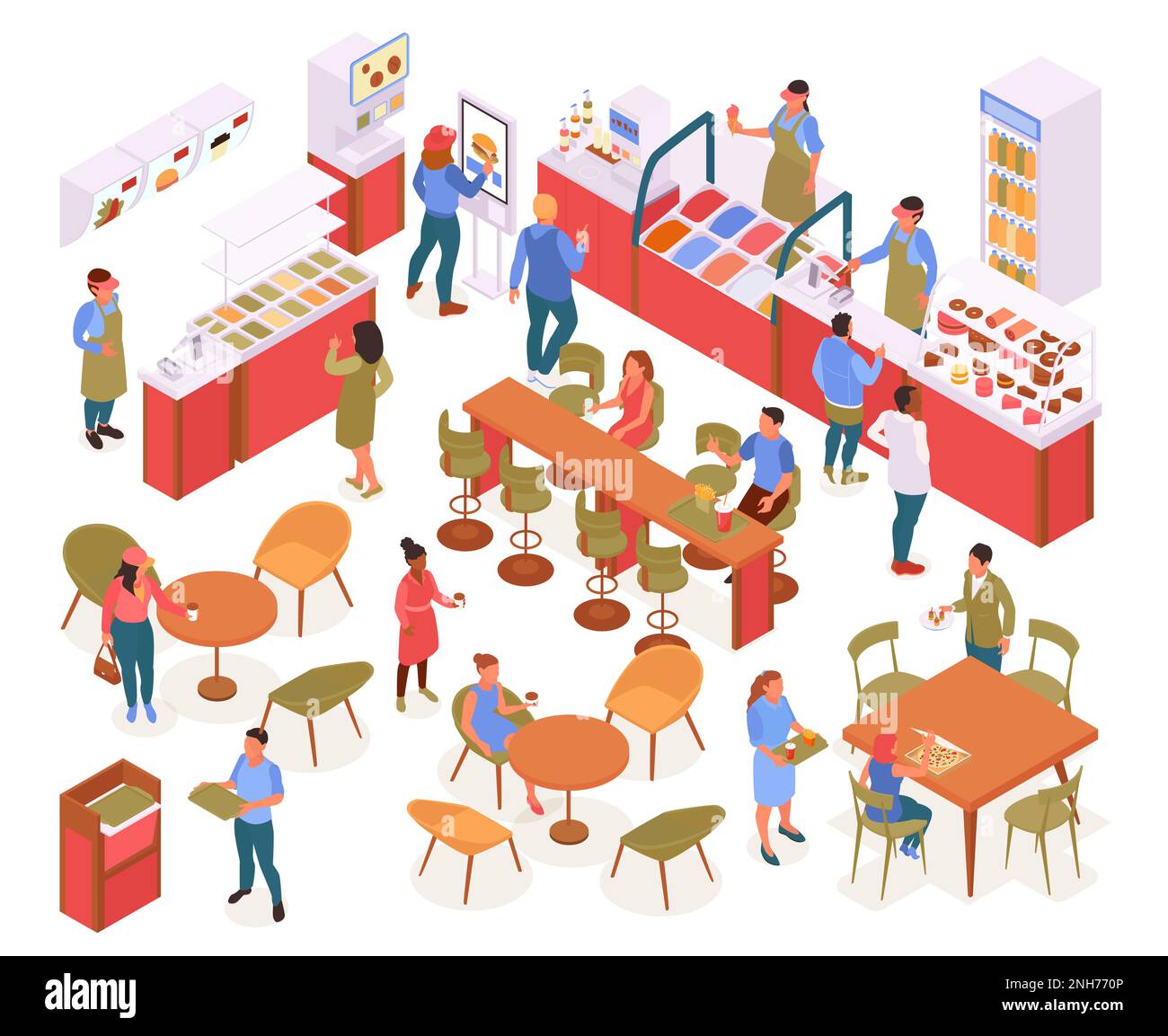 Food court isometric concept with selfservice and takeout symbols ...