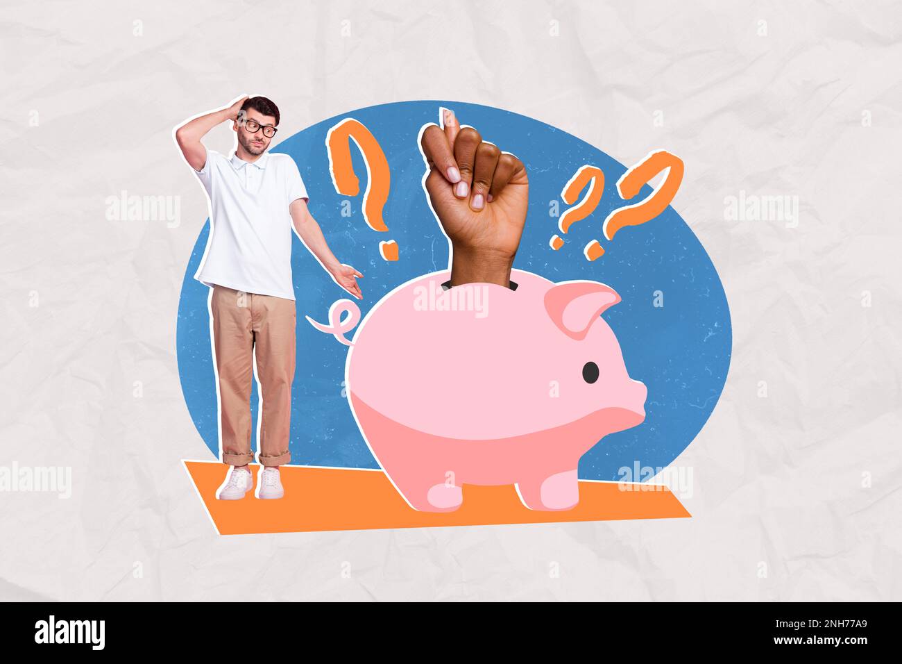 Creative collage of stupid questioned guy scratch head money pig bank ...