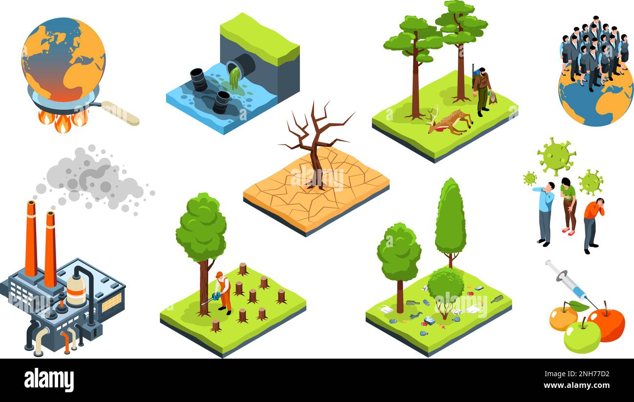 Isometric global environment problem icons set with deforestation and ocean pollution isolated ...