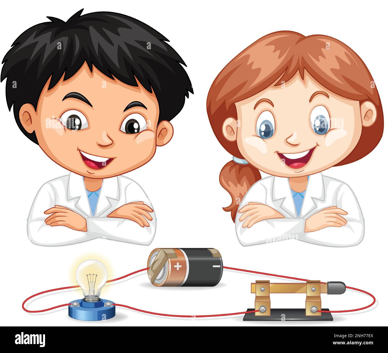 Two kids with electric circuit with battery and lightbulb illustration ...