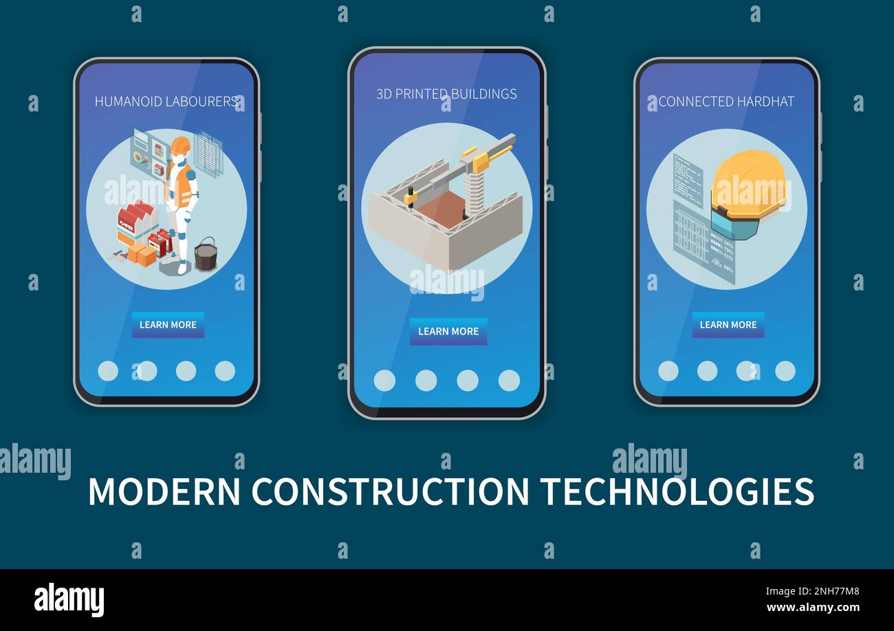 Modern construction technologies isometric composition with three landing pages on smartphone ...