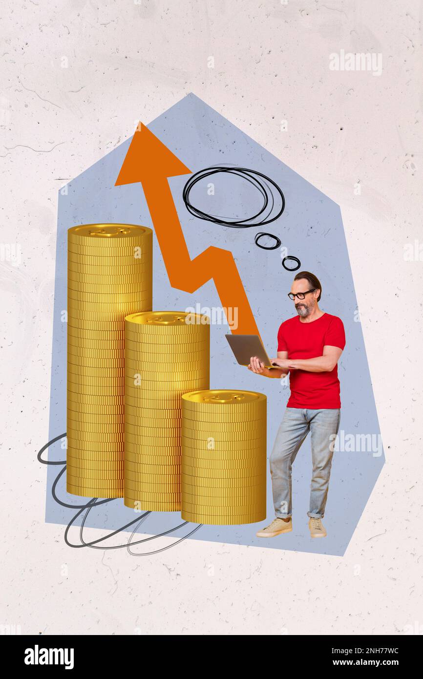 Vertical collage image of mini working man use netbook growing arrow ...