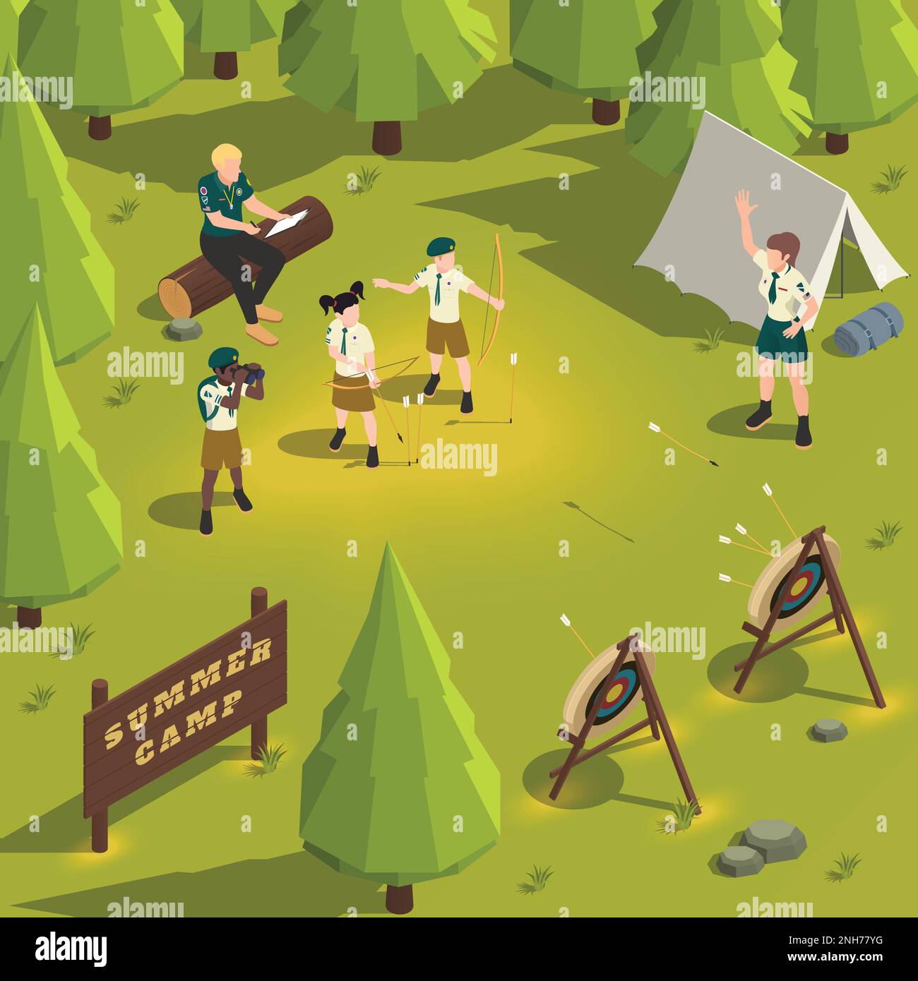 Children scouts practising archery with instructor in forest summer ...