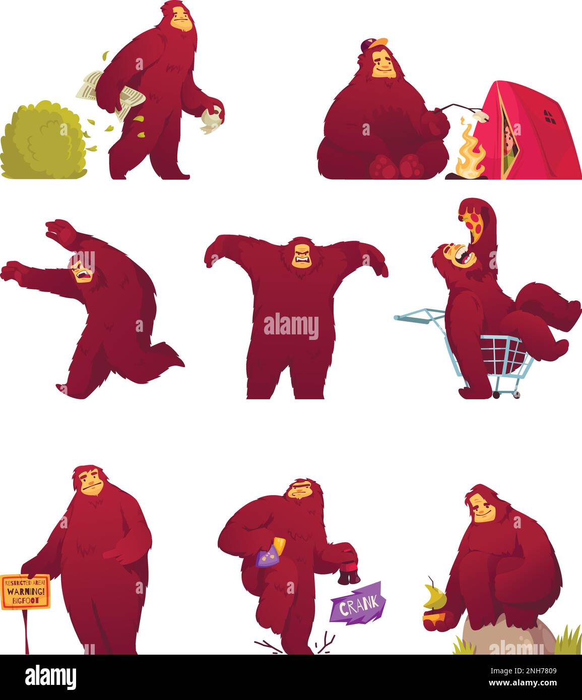 Funny cartoon bigfoot character set with hairy creature doing various ...