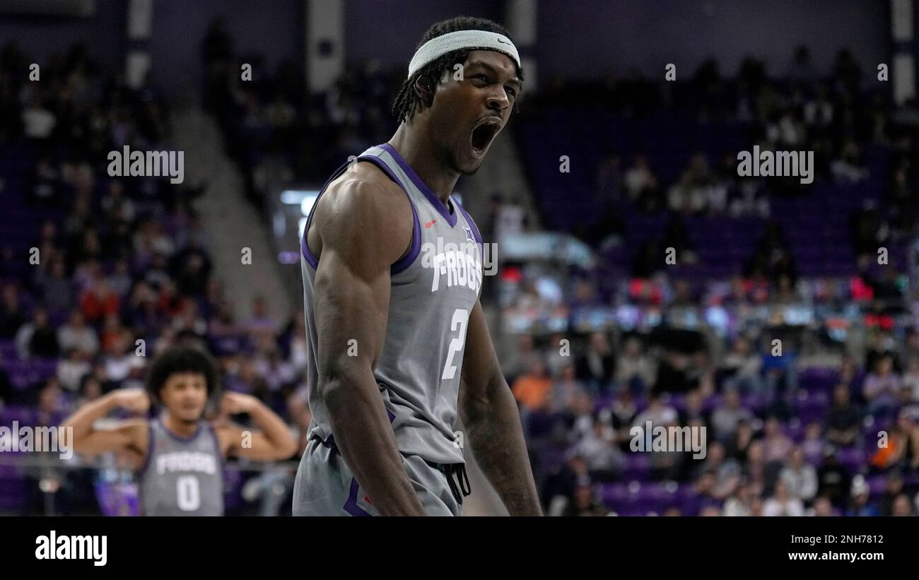 TCU forward Emanuel Miller celebrates after sinking a basket during an ...