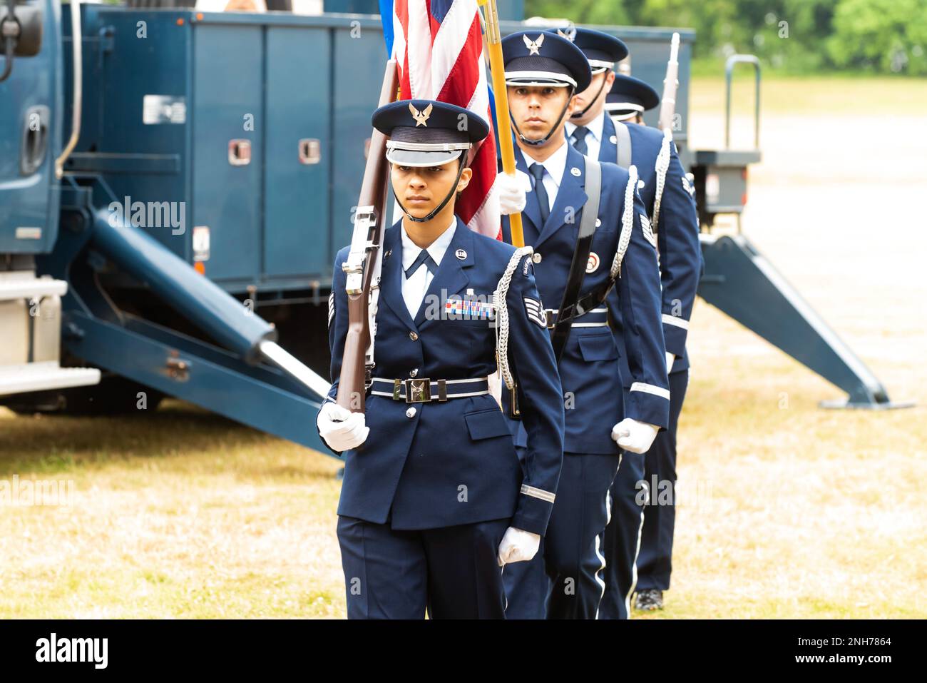 The 422nd Air Base Group base honor guard present the colors during a ...