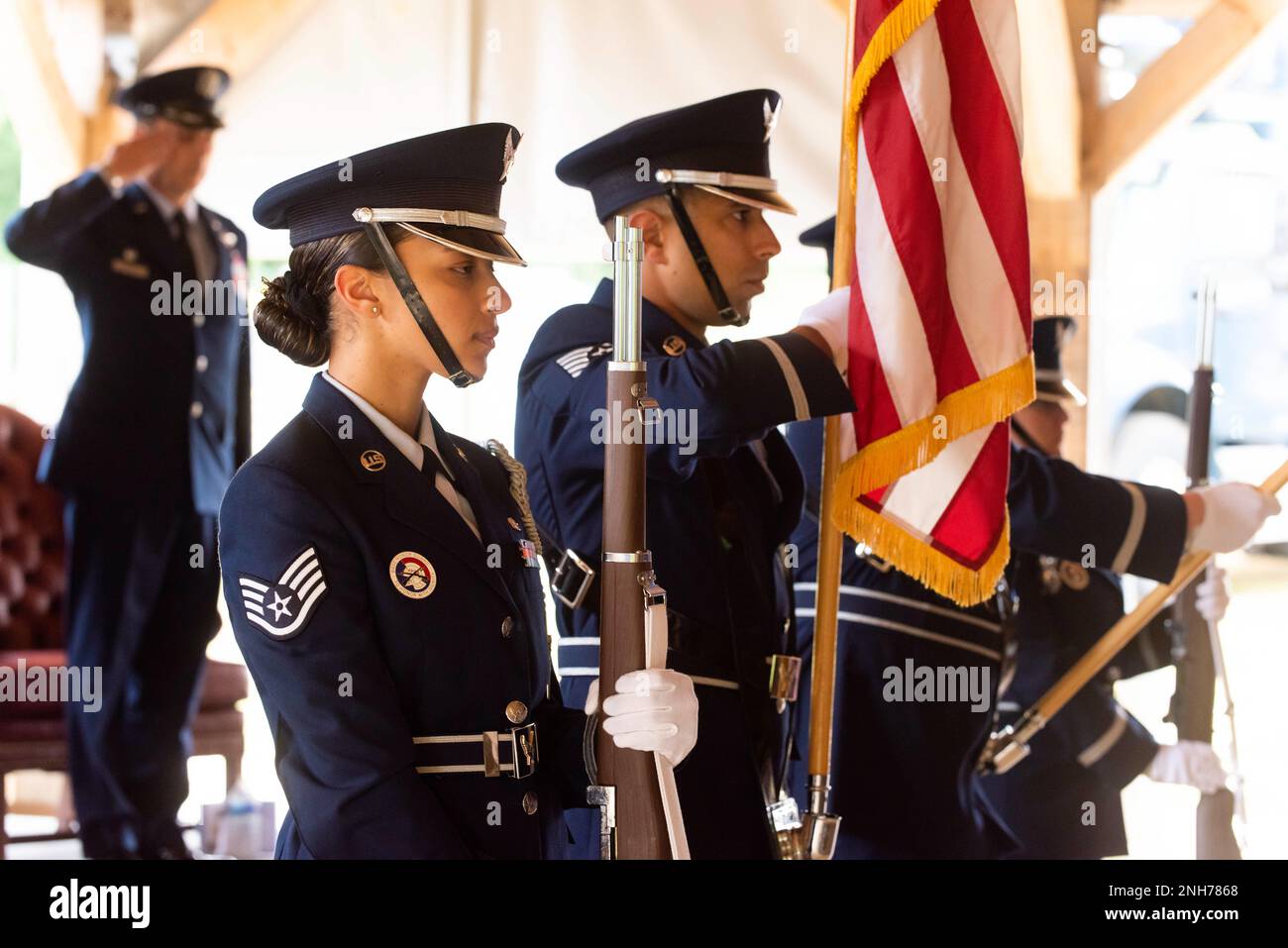 The 422nd Air Base Group base honor guard present the colors during a ...