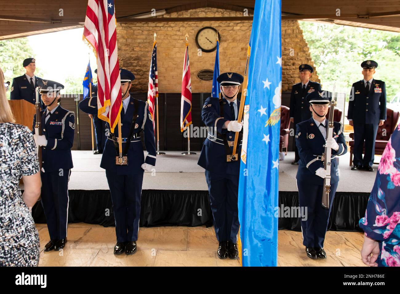 The 422nd Air Base Group base honor guard present the colors during a ...