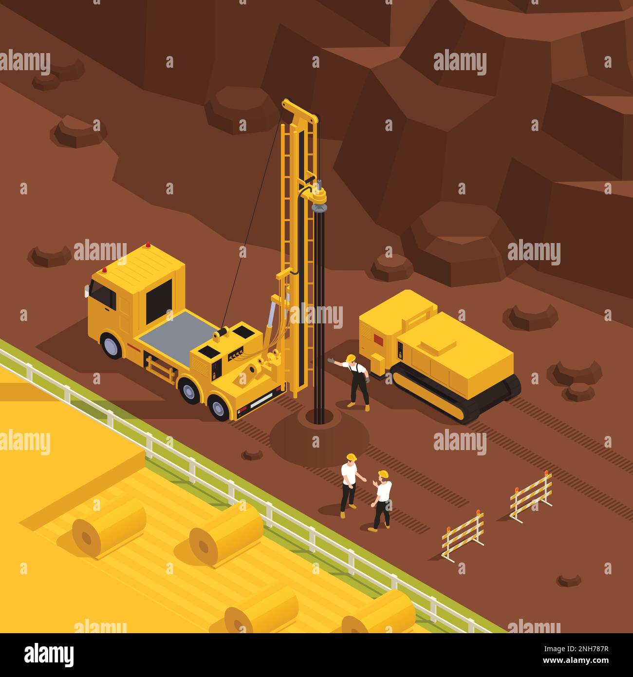 Well drilling process with rig and workers in non urban area 3d ...