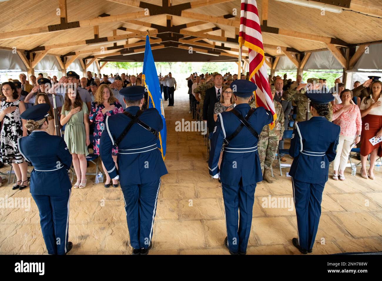 The 422nd Air Base Group base honor guard present the colors during a ...