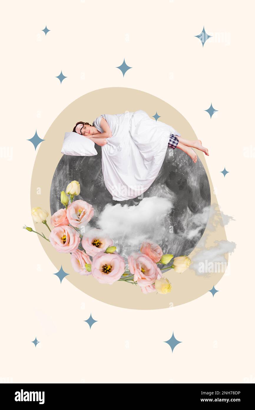 Vertical collage photo artwork of young sleeping relaxed cute girl ...