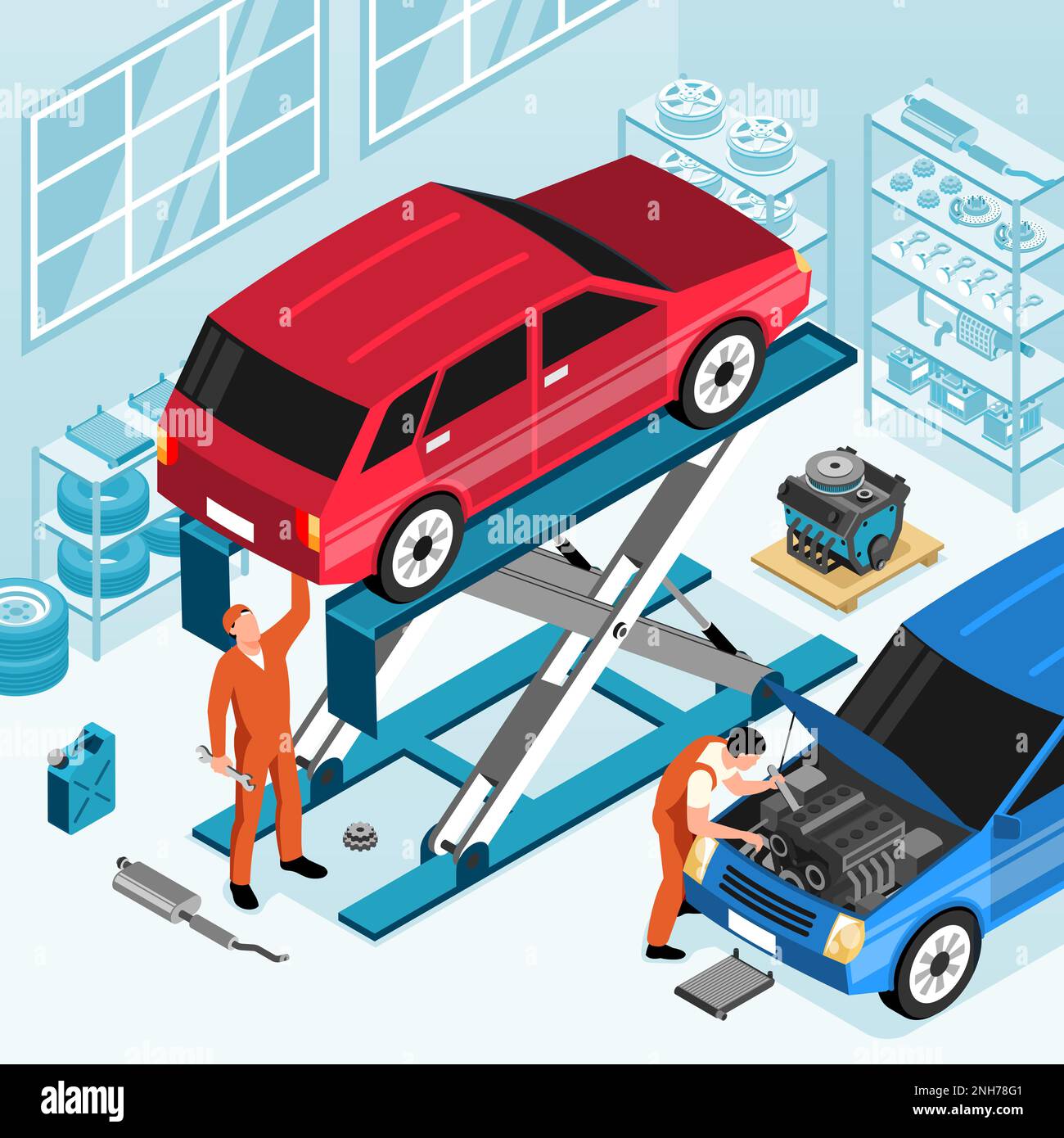 Isometric car repair concept with mechanics in auto service vector ...