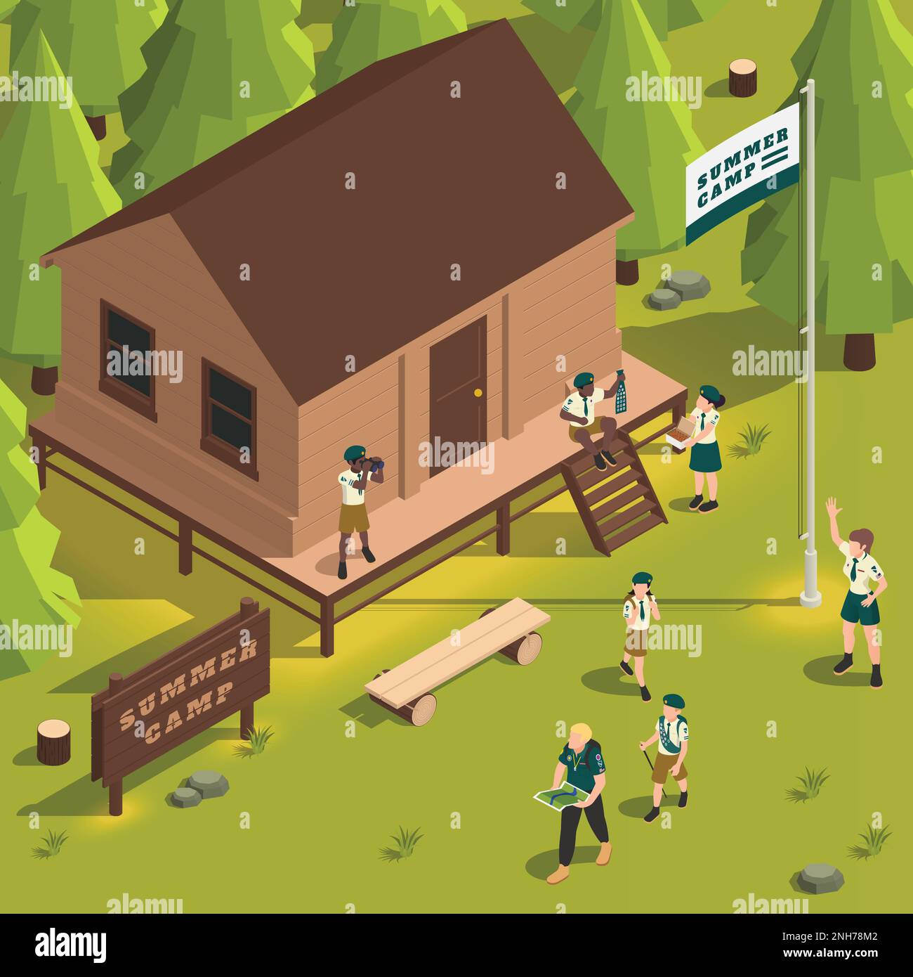 Isometric children summer camp scenery with boys and girls scouts doing ...