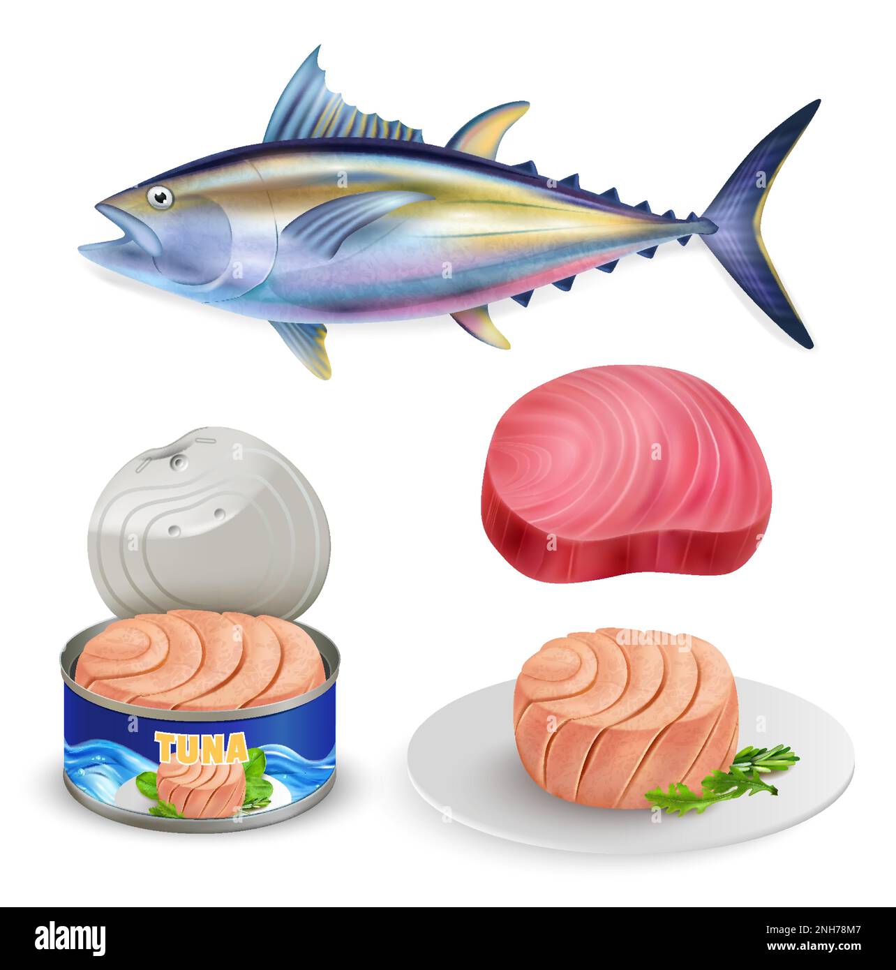 Realistic tuna icon set fish carcass cooked steak raw piece of meat and ...