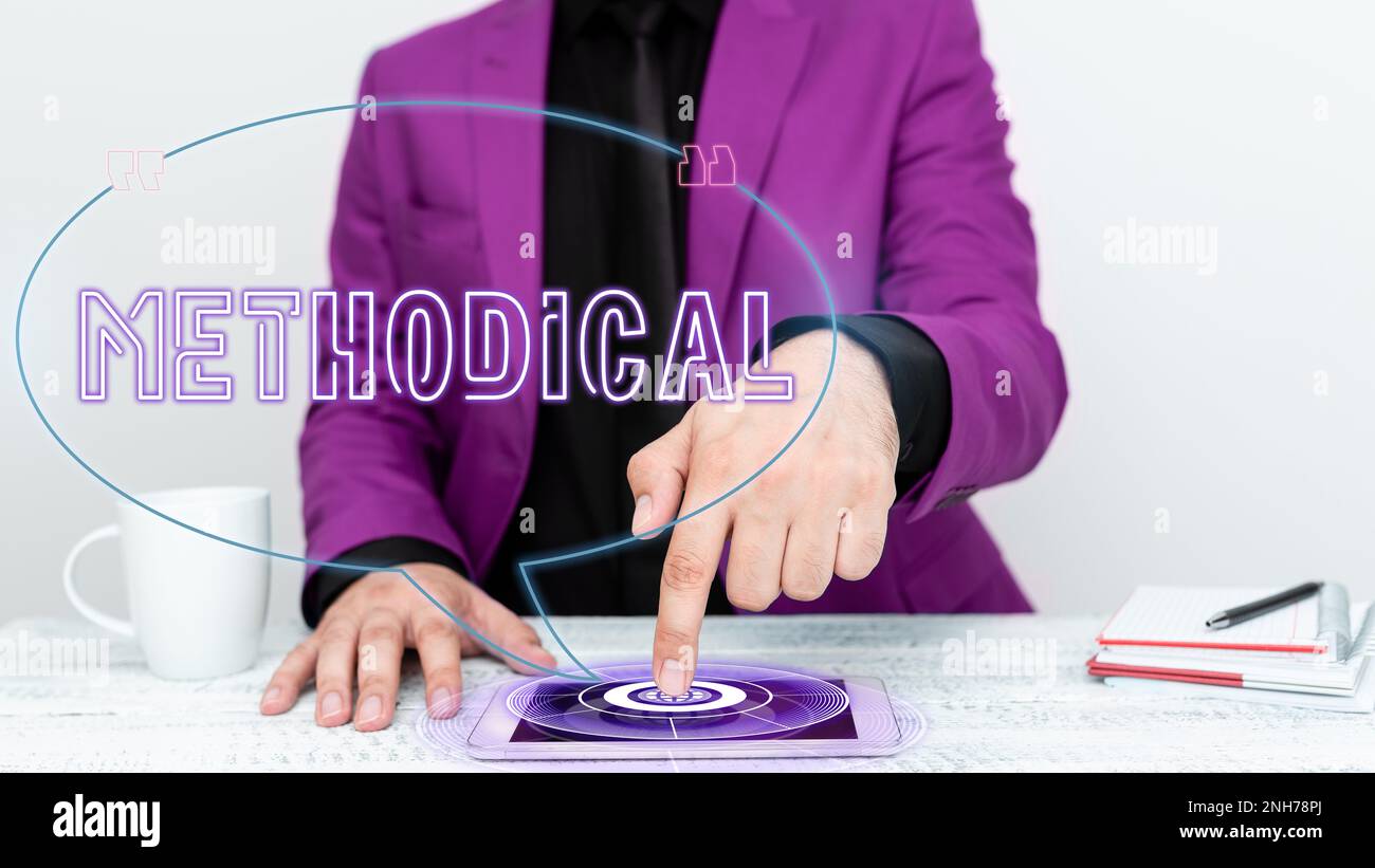 Text caption presenting Methodical. Concept meaning System of Methods used in a study or ...