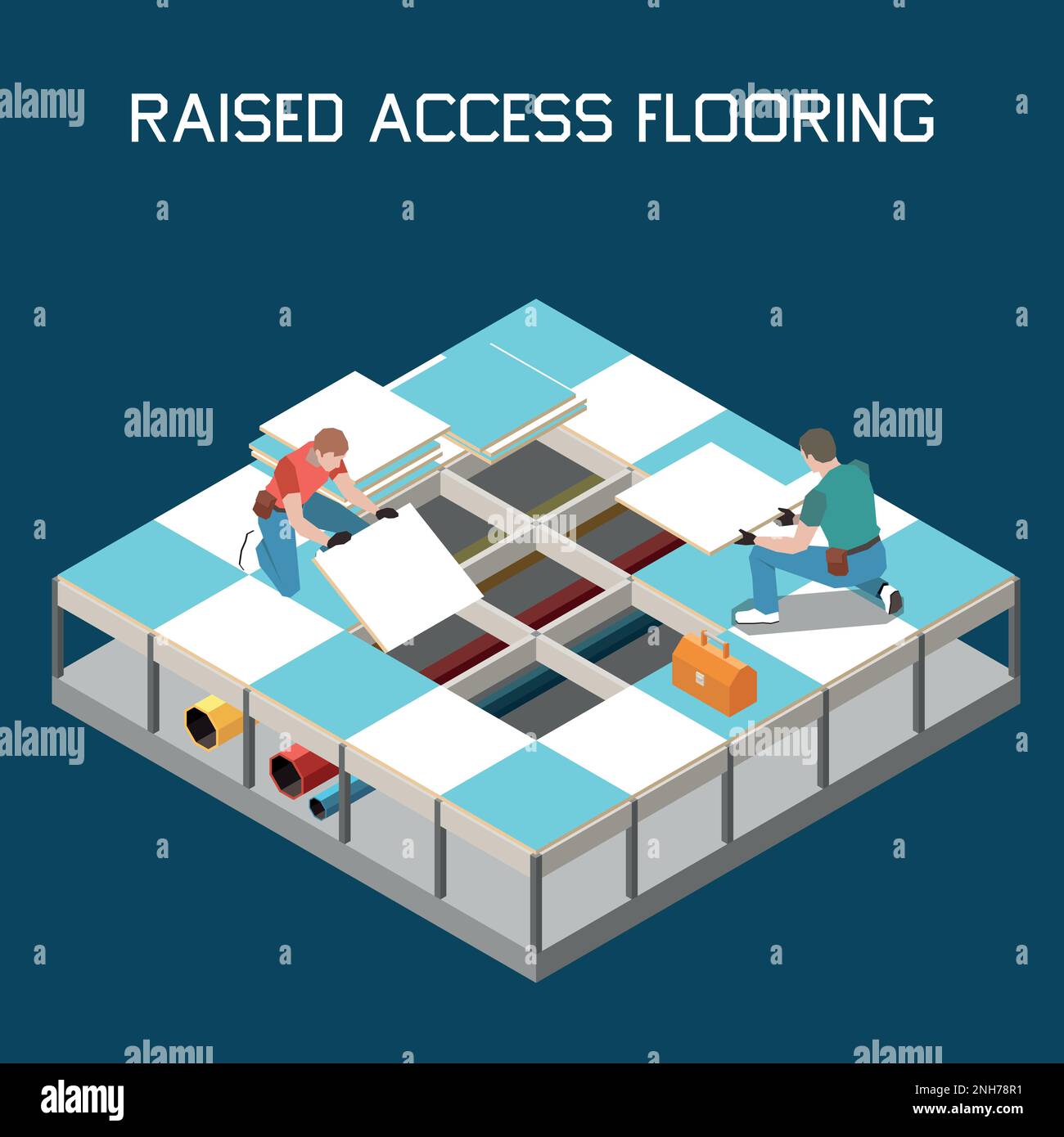 Raised access flooring isometric background with workers installing ...