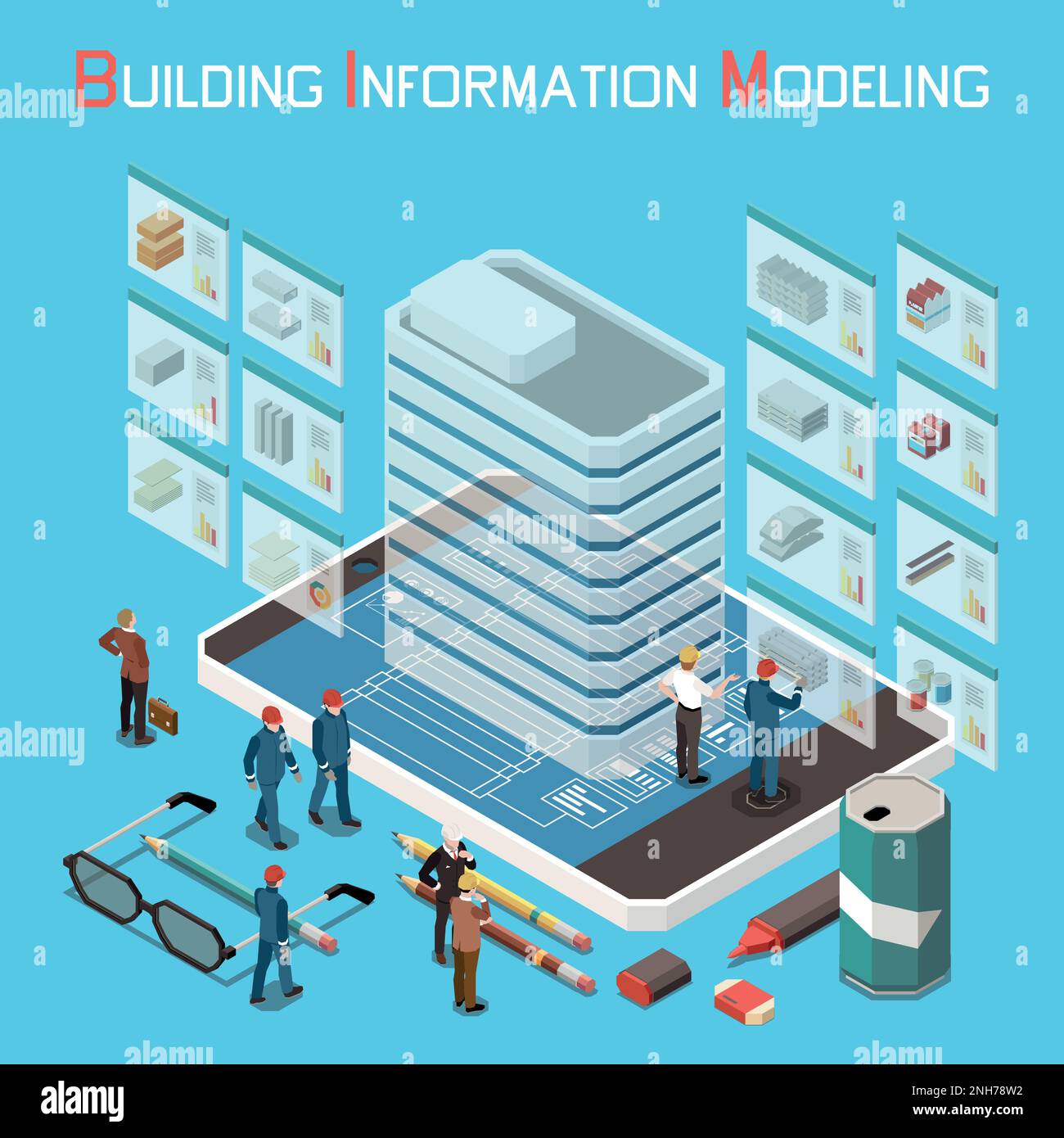 Building information modeling concept isometric background with modern ...
